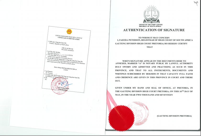 South African document legalisation instructions for China