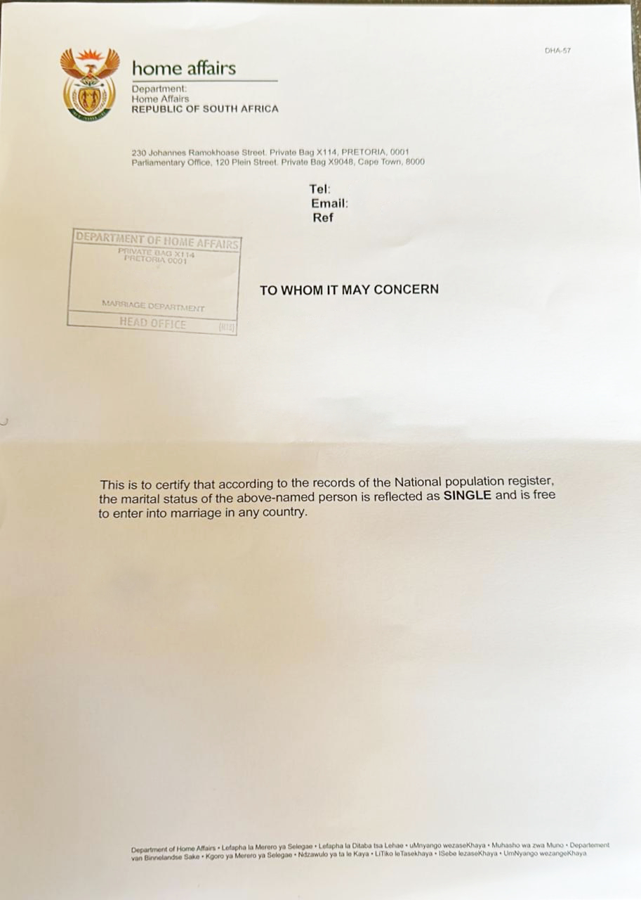 Letter of Non Impediment DHA-1155 Form - South Africa